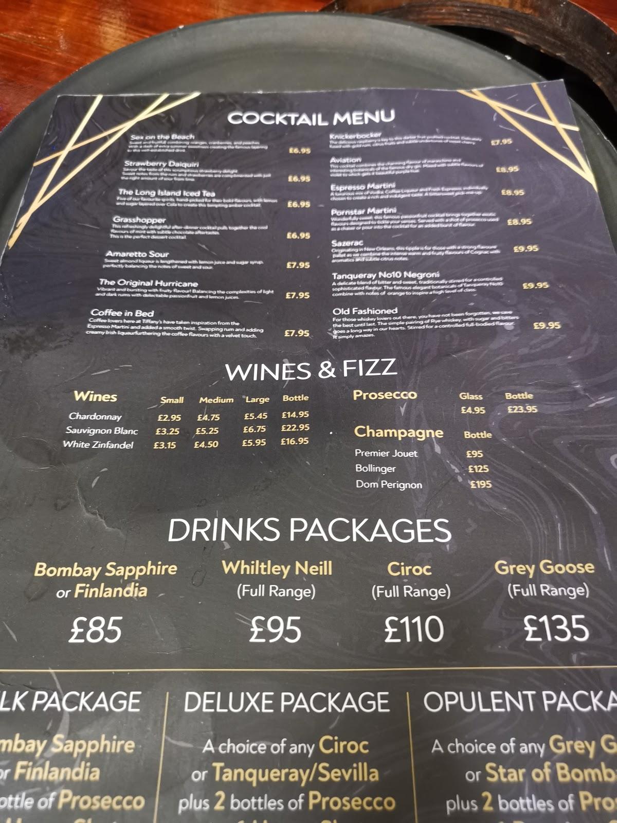 Menu at Tiffany's Bar, Hull