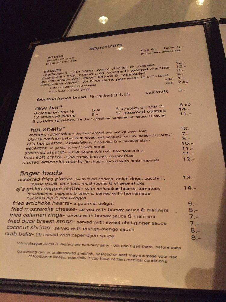 Menu at AJ's on the Creek steakhouse, Chincoteague Island