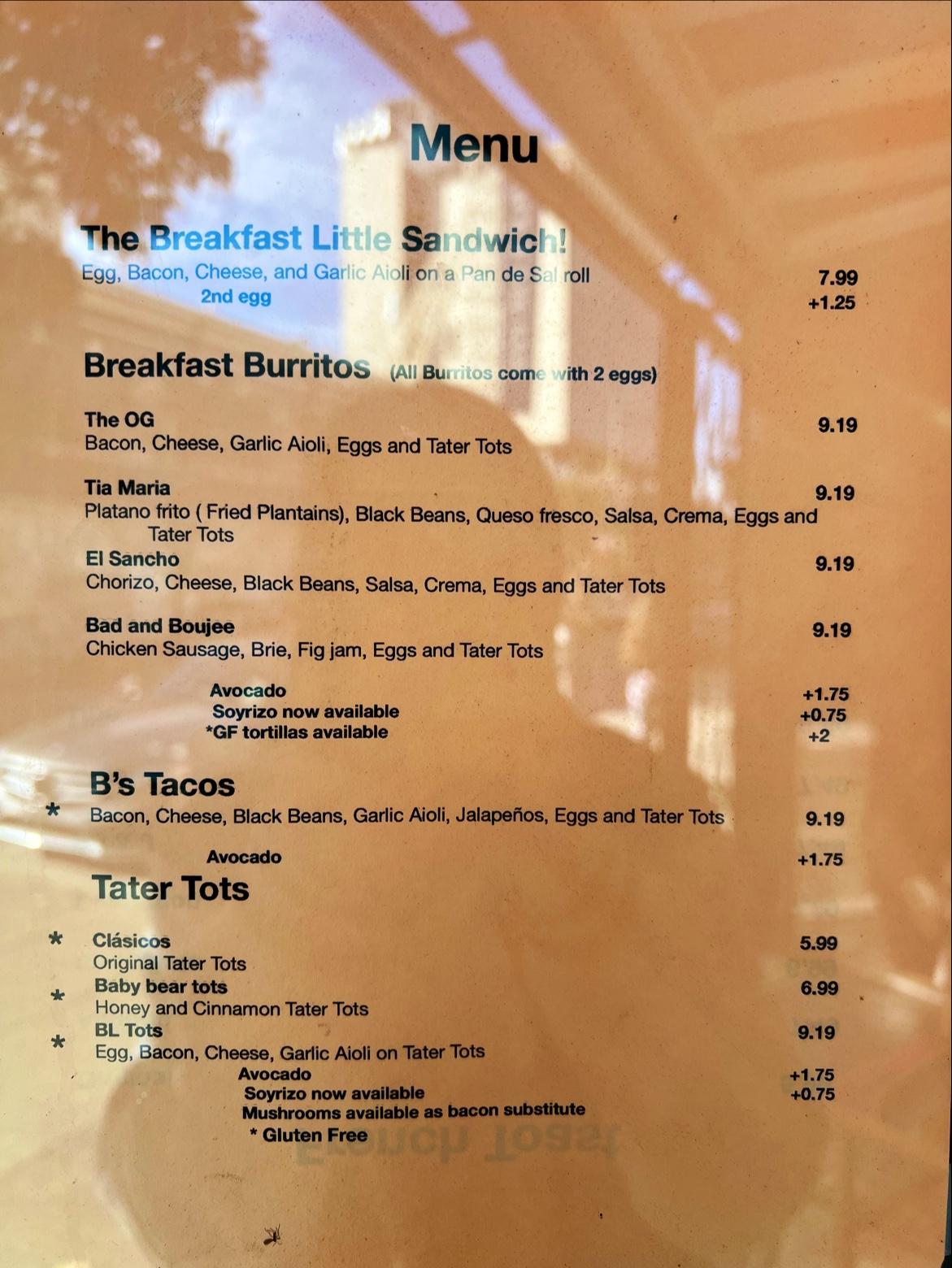Menu at Breakfast Little cafe, San Francisco