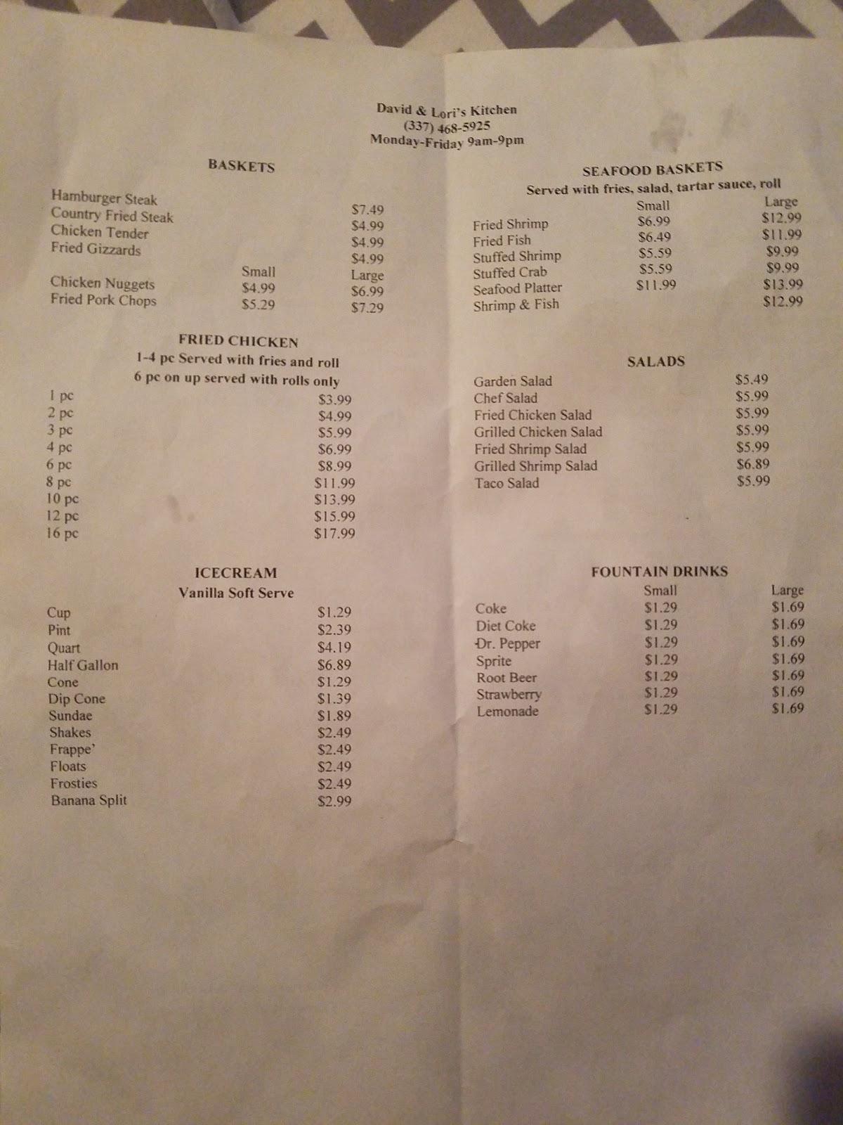 Carta del restaurante David & Lori's Kitchen, Mamou, Poinciana Ave