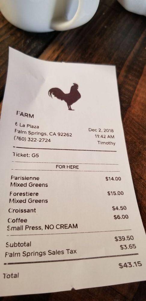 Menu at Farm restaurant, Palm Springs