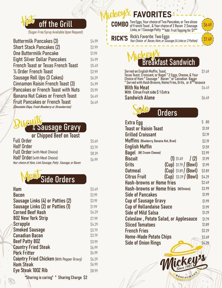 Menu at Mickey's Restaurant, Fort Pierce