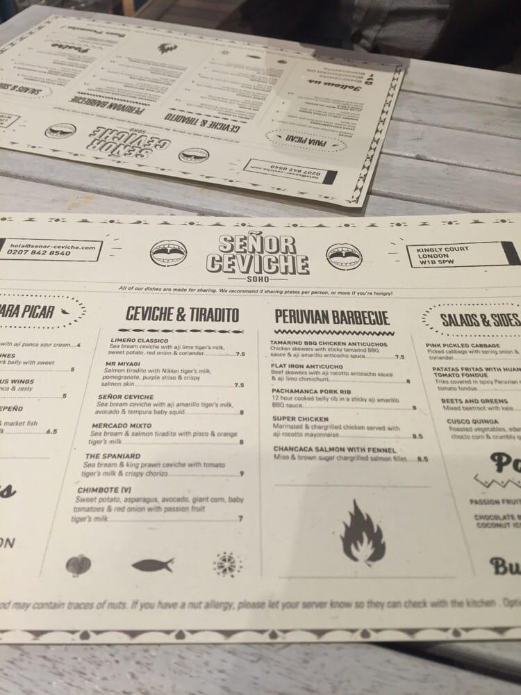 Menu at Señor Ceviche Peruvian Restaurant Soho, London, Kingly Court