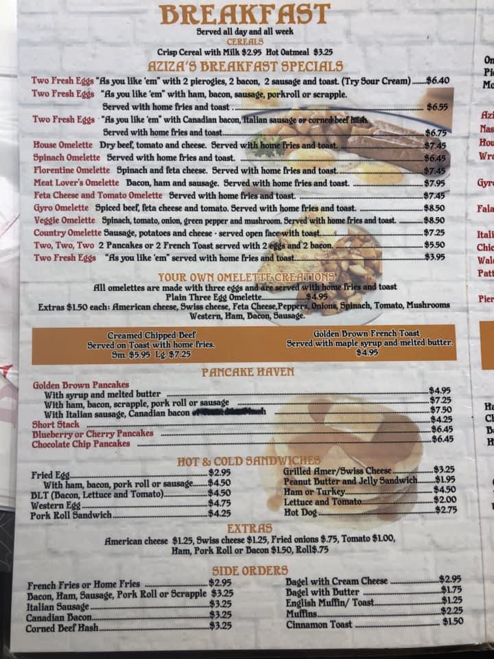 Menu at Aziza's Restaurant, Hainesport