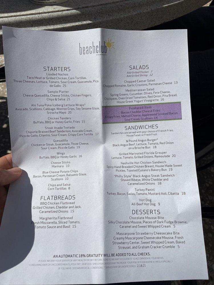 Menu at Beach Club, Orlando, Universal Blvd