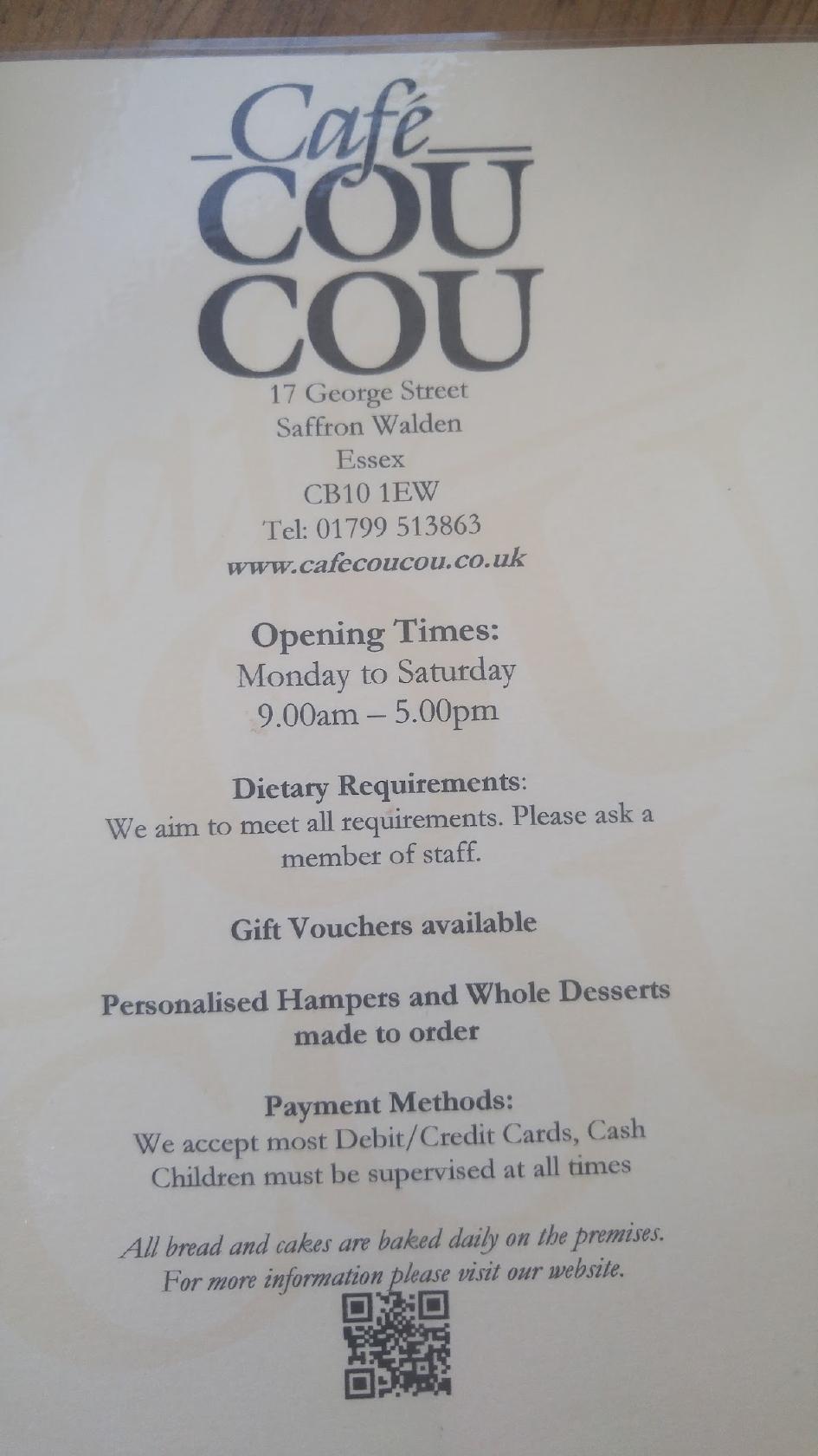Carta de Cafe Coucou, Saffron Walden