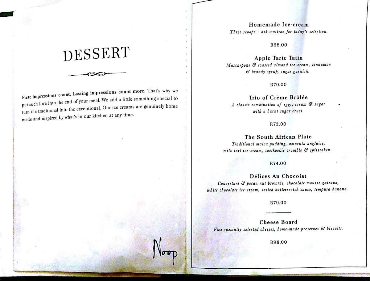Menu at Noop restaurant, Paarl