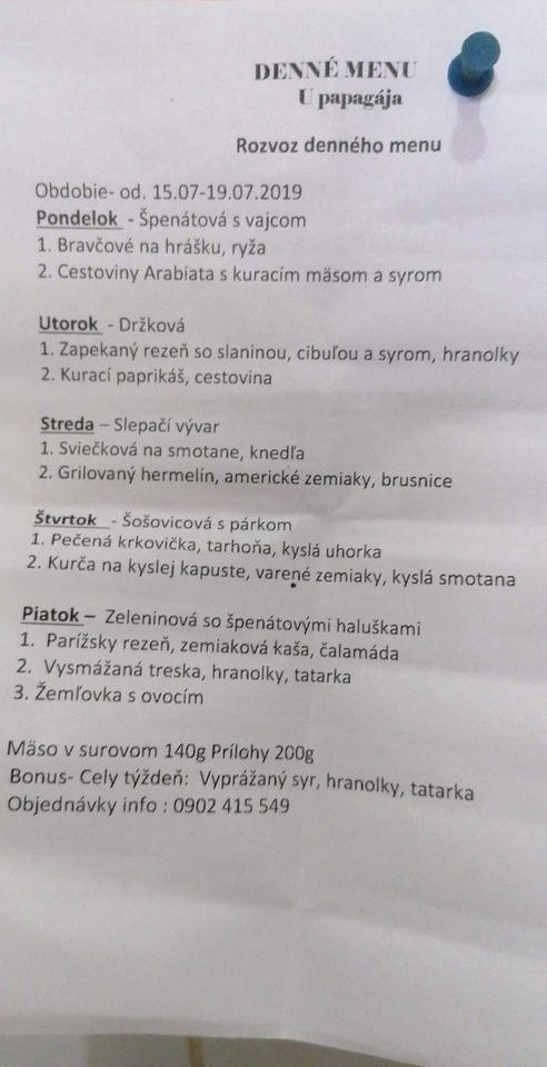 Menu at U Papagája restaurant, Banka