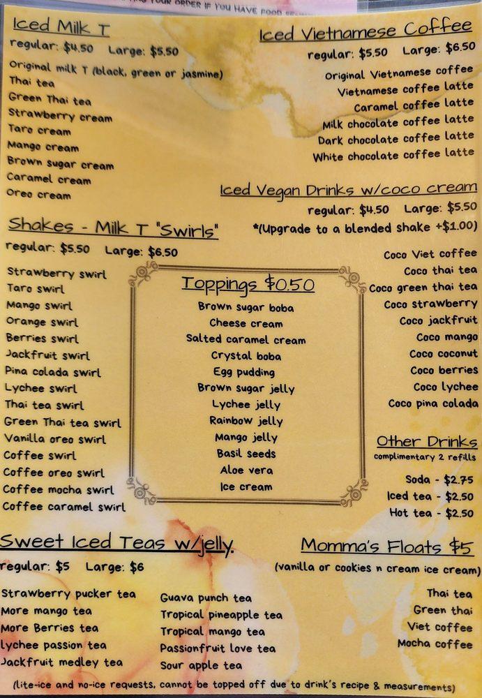 Menu at Pho Momma restaurant, Sacramento