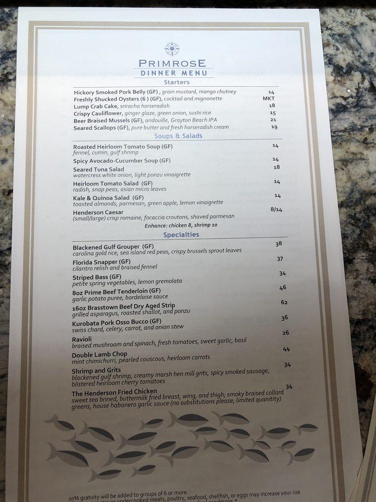 Menu at Primrose Restaurant, Destin