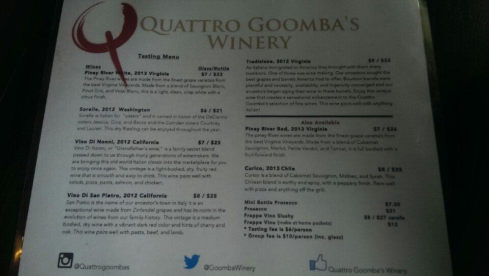 Menu at Quattro Goomba's Winery restaurant, Aldie