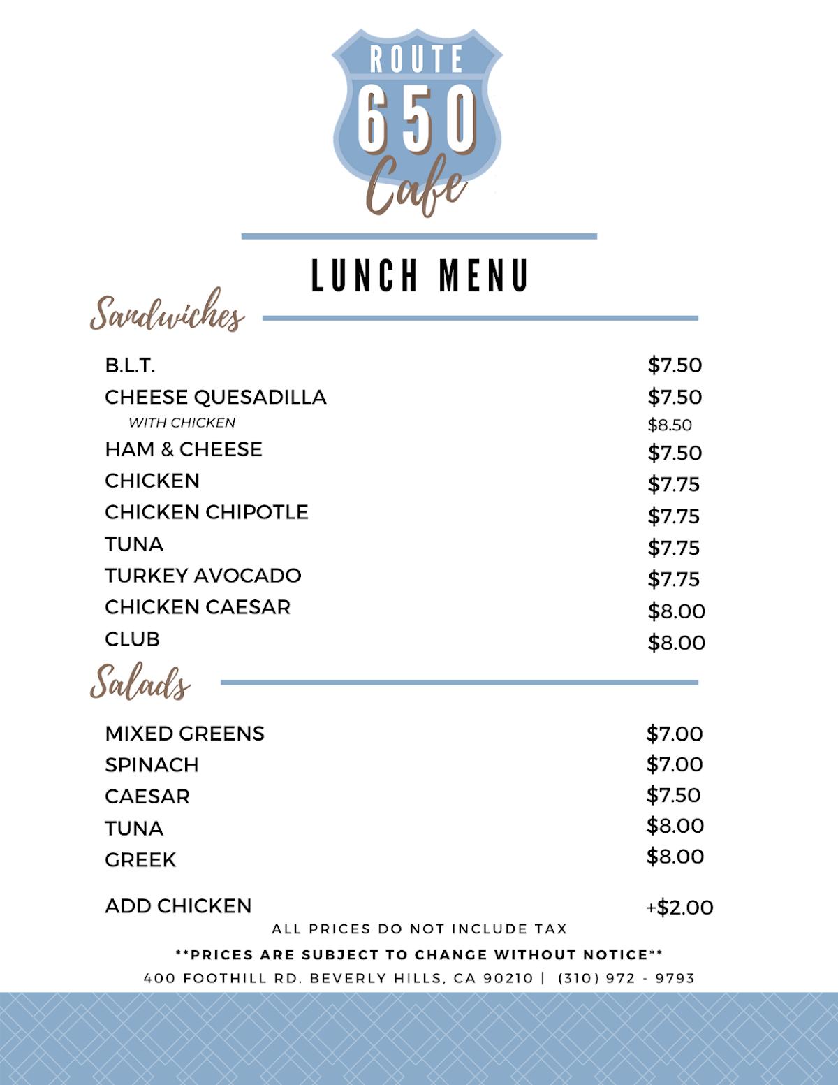 Menu at Route 650 Cafe, Beverly Hills