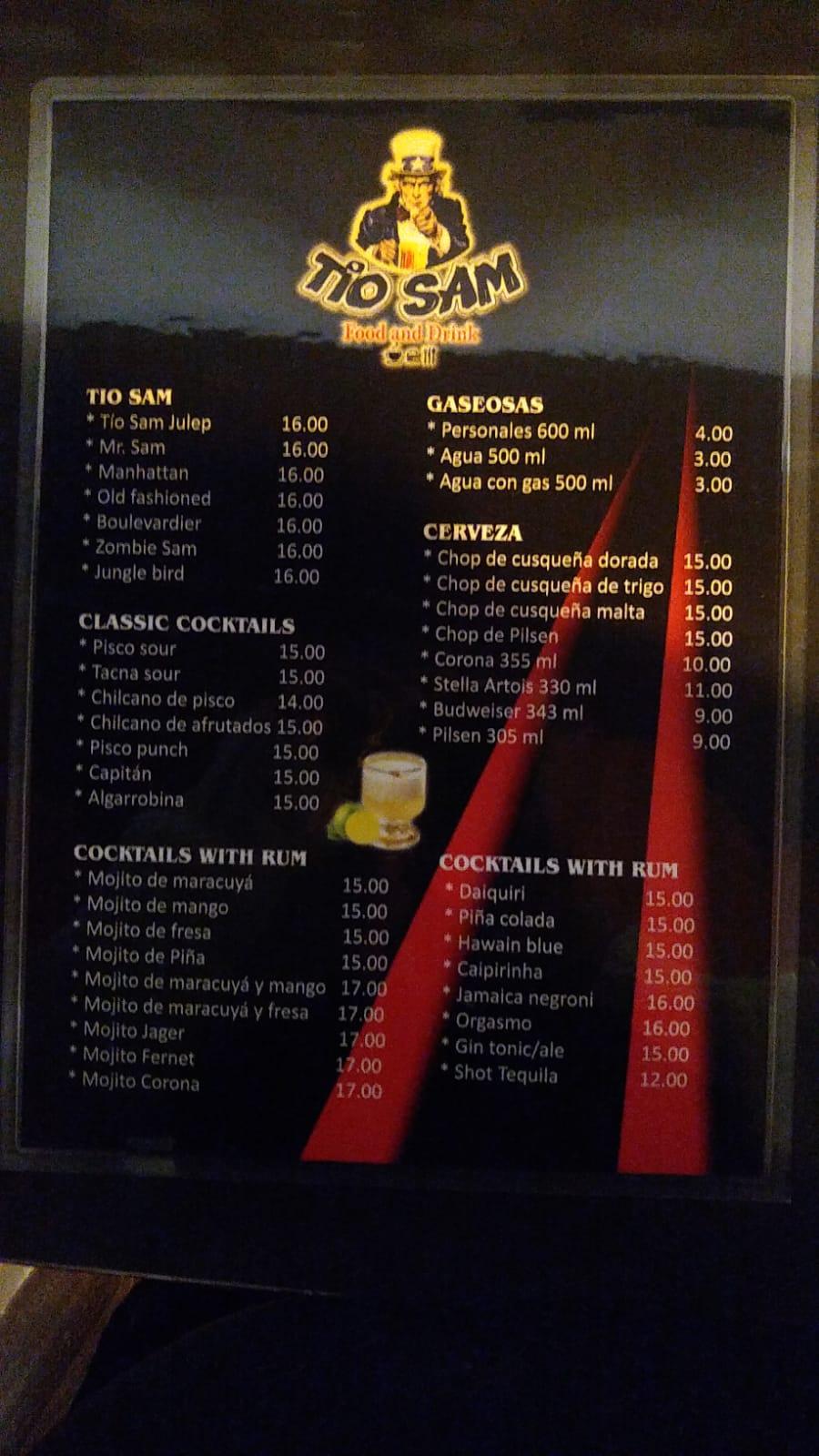 Menu at TIO SAM RESTOBAR, Tacna, Av. Coronel Justo Arias Araguez 272