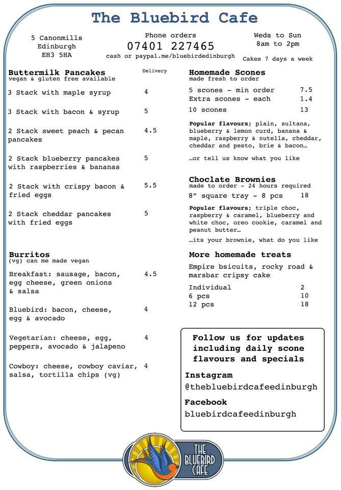 Menu at The Bluebird cafe, Edinburgh