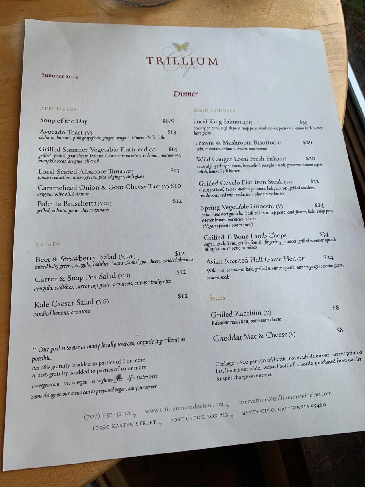 Menu at Trillium Cafe & Inn, Mendocino