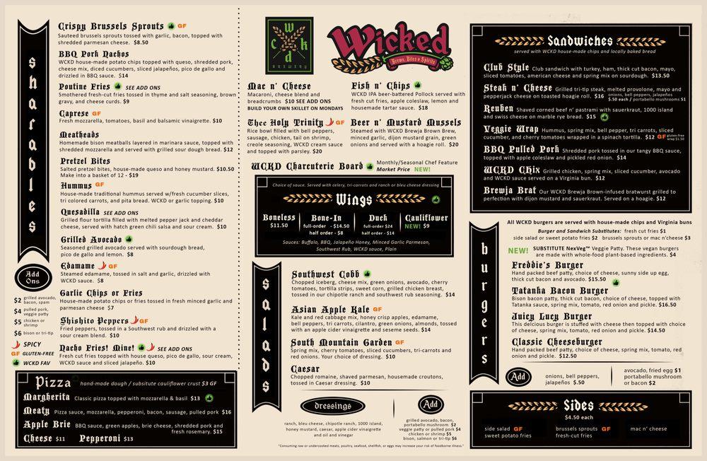Menu at Wicked Brews, Bites & Spirits pub & bar, Phoenix