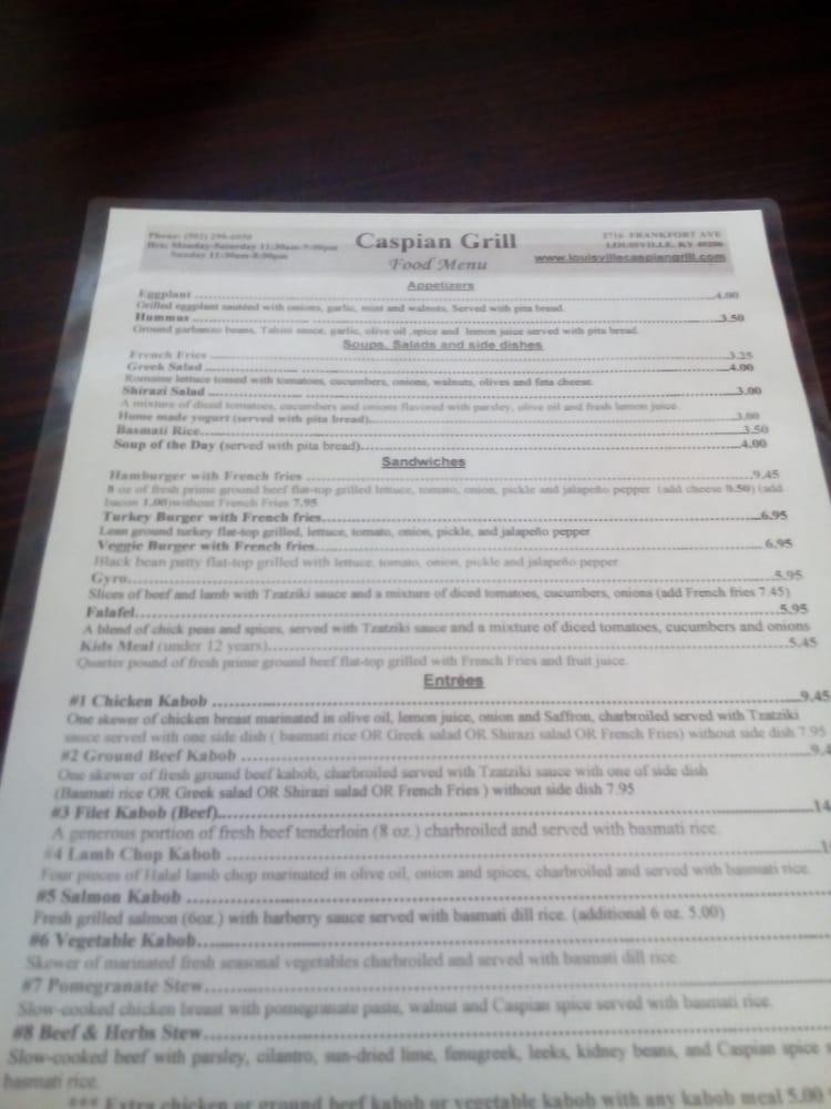 Menu at Caspian Grill Persian Bistro restaurant, Louisville, Frankfort Ave
