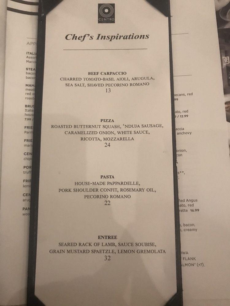 Menu at Centro restaurant, Des Moines