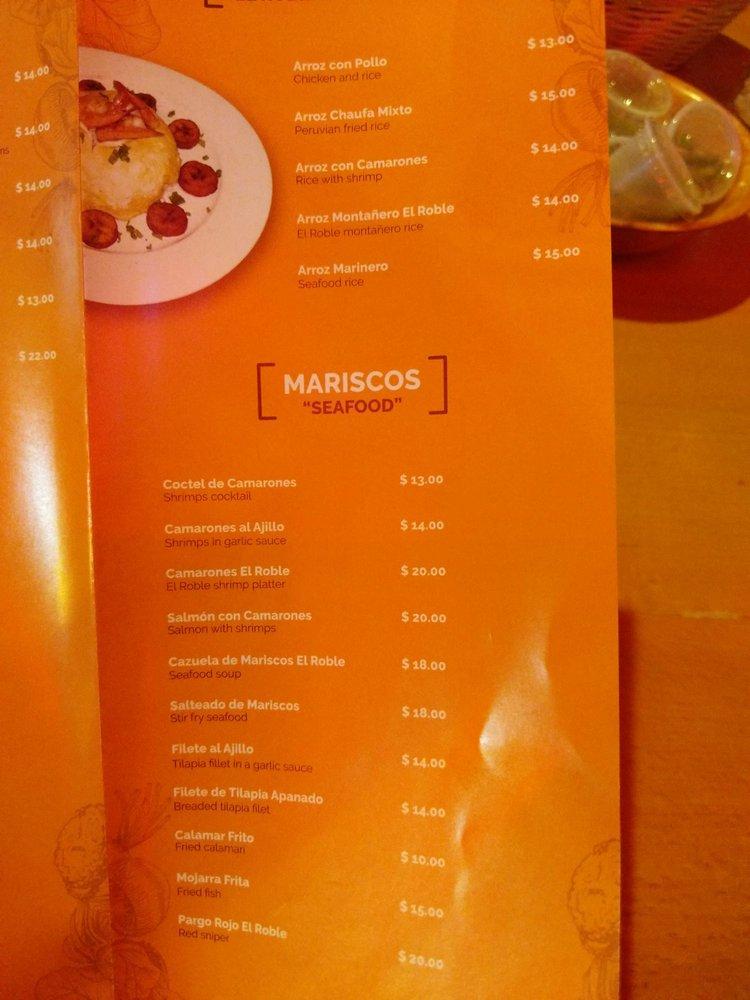 Menu at El Roble Restaurant and Bakery, Elizabeth