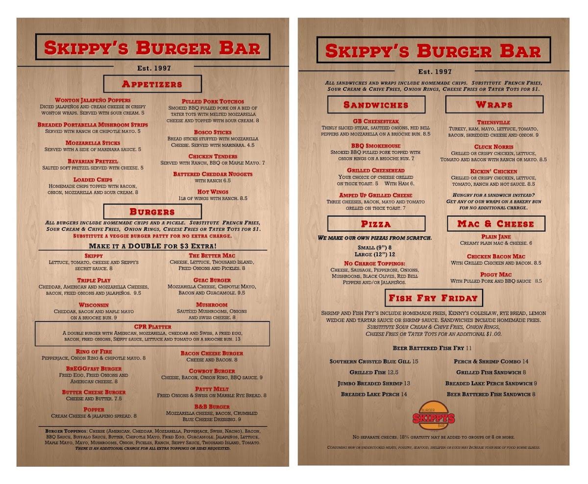Menu at Skippy's Burger Bar, Thiensville, 113 Green Bay Rd