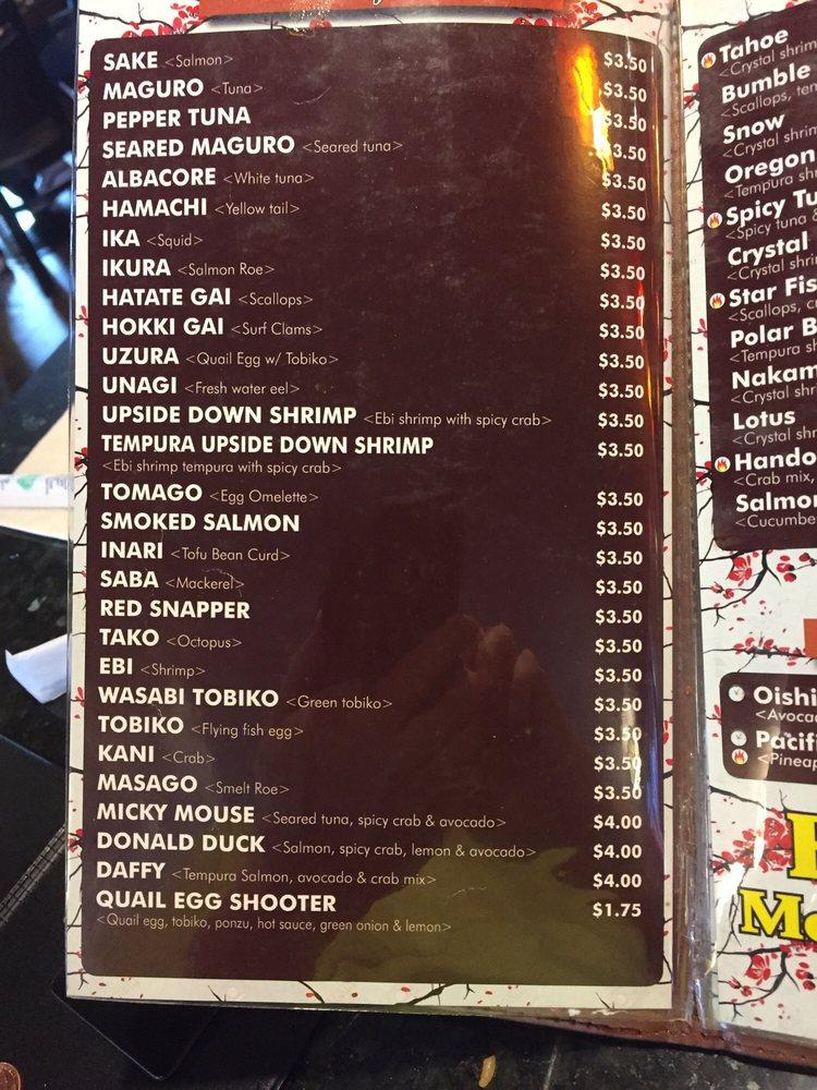 Menu at Tokyo Sushi restaurant, Reno