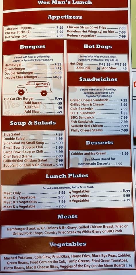 Menu at Wes-Man’s Restaurant, White
