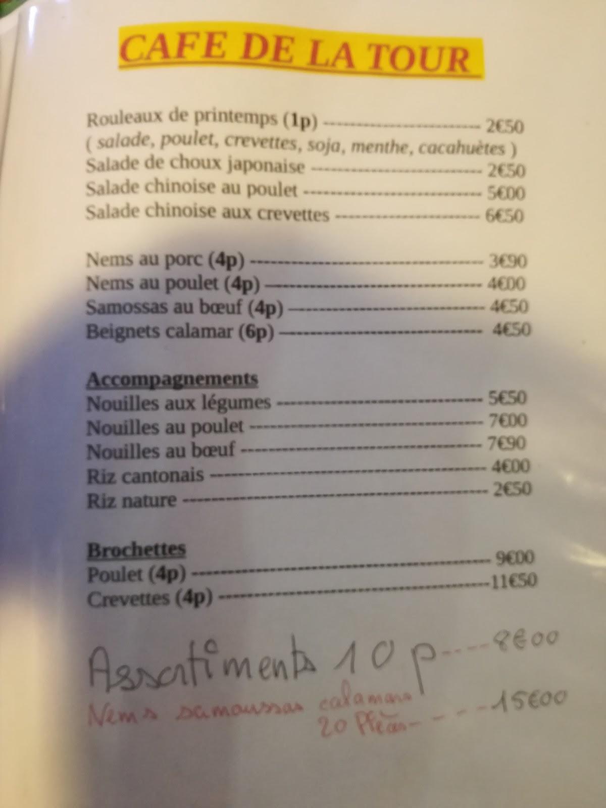 Menu au cafe de la tour, Belleville