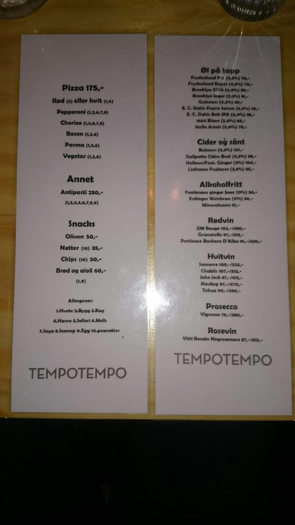 Menu at tempo tempo pub & bar, Bergen