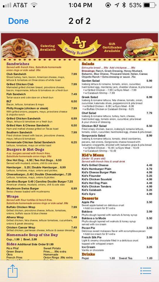 Menu at AJ Family Restaurant, Monroe