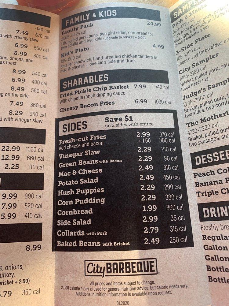 Menu at City Barbeque, Indianapolis, US-31