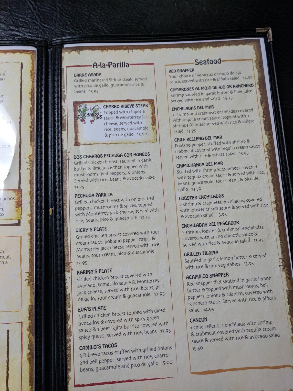 Menu at Dos Charros Tex mex restaurant, Emory