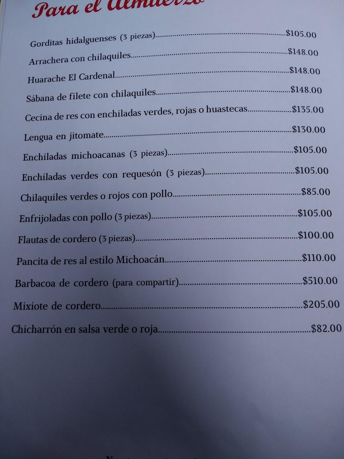 Menu at El Cardenal restaurant, Ecatepec de Morelos, Marconi 2
