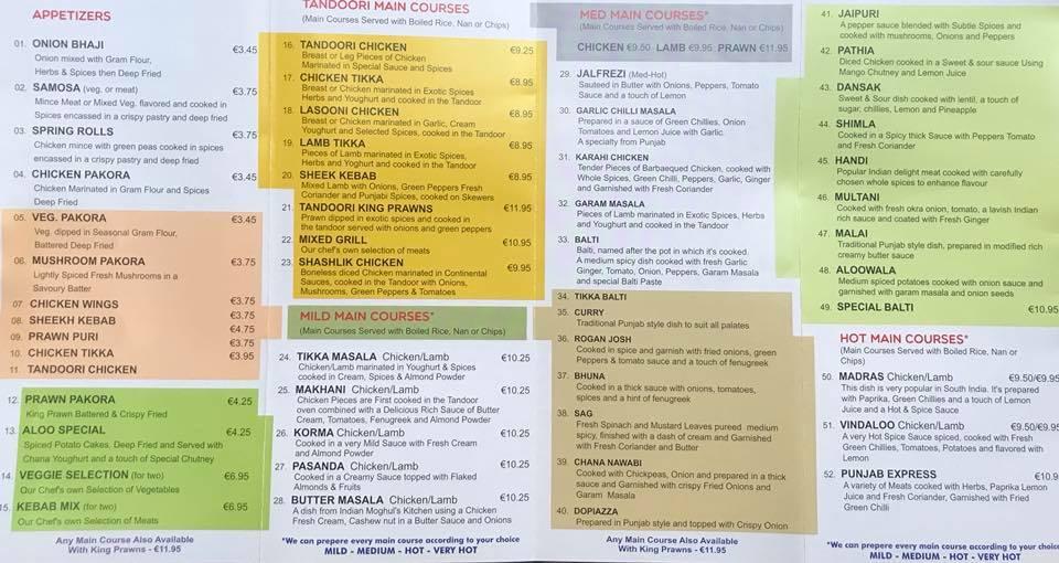 Menu at Great India restaurant, Portarlington