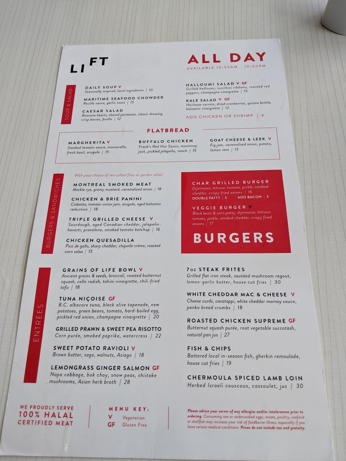 Menu at Lift Resto Lounge restaurant, Ottawa