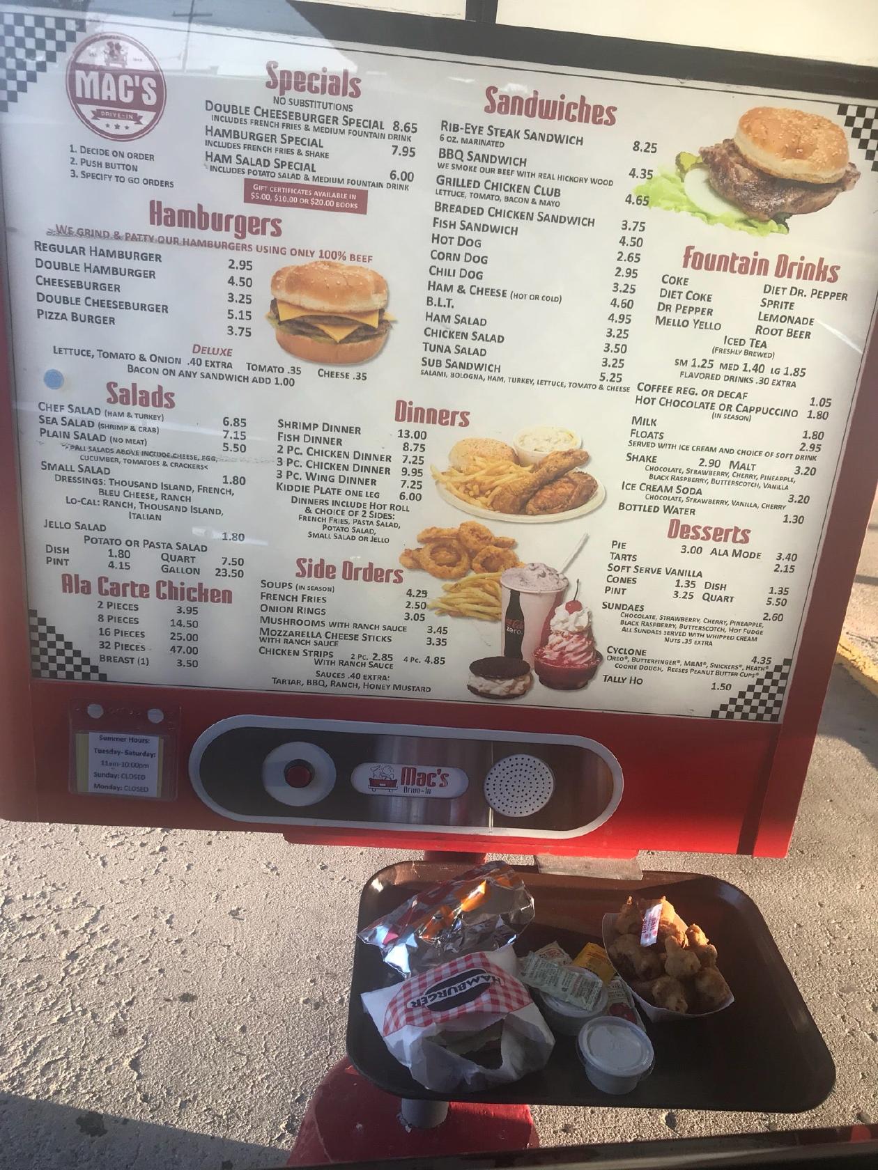 Menu at Mac's Drive-In restaurant, McCook