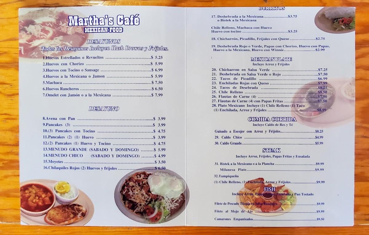 Menu at Martha's Café restaurant, El Paso