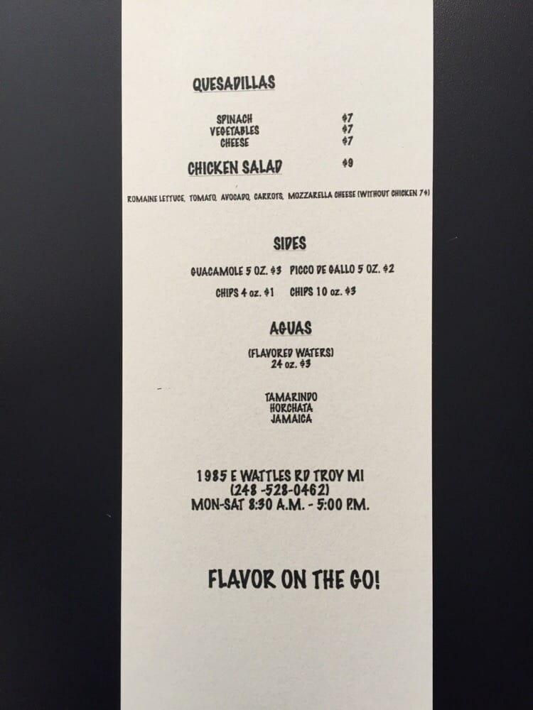 Menu at Oaxaca restaurant, Troy