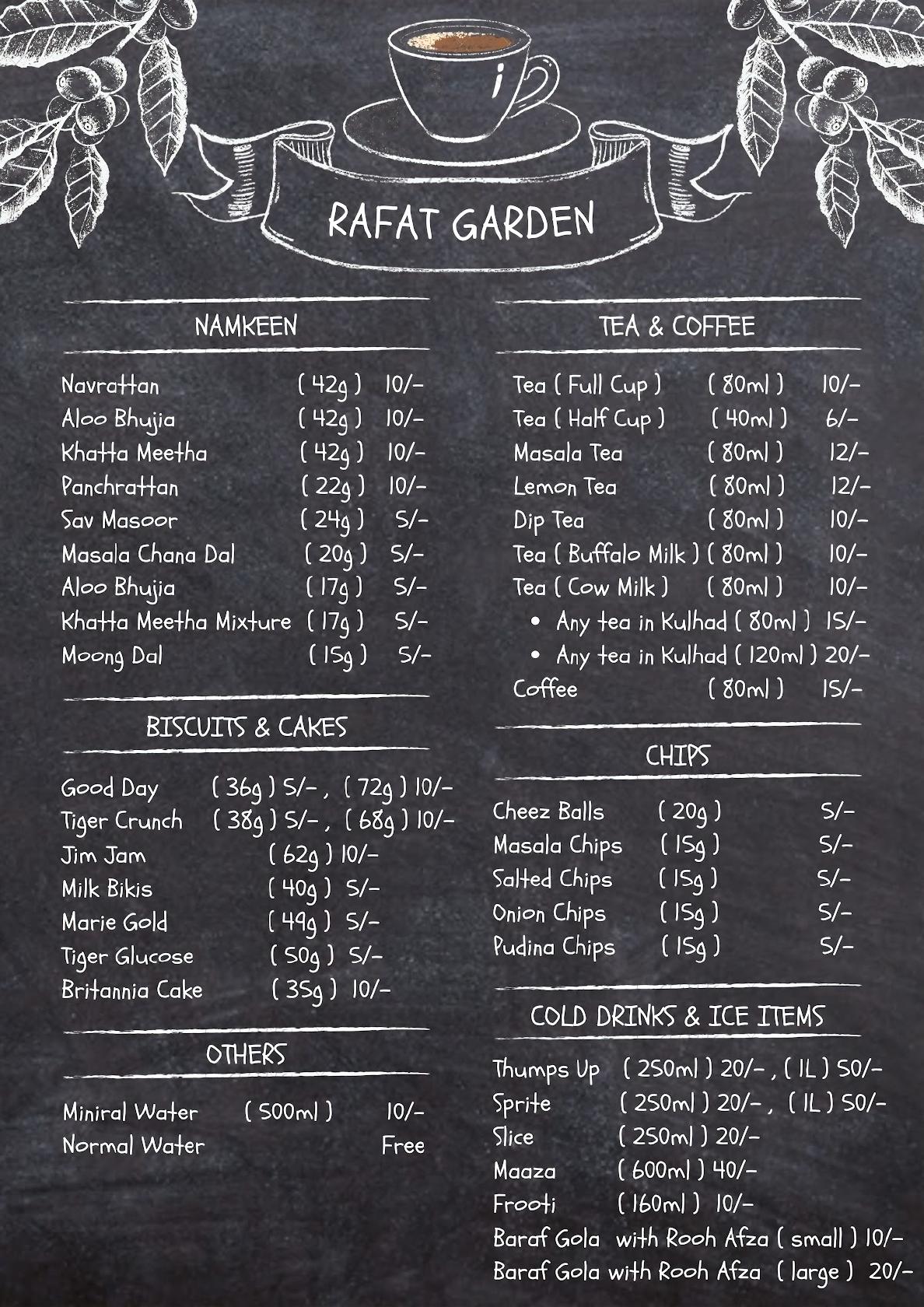 Menu at Raf'at Garden, Amroha