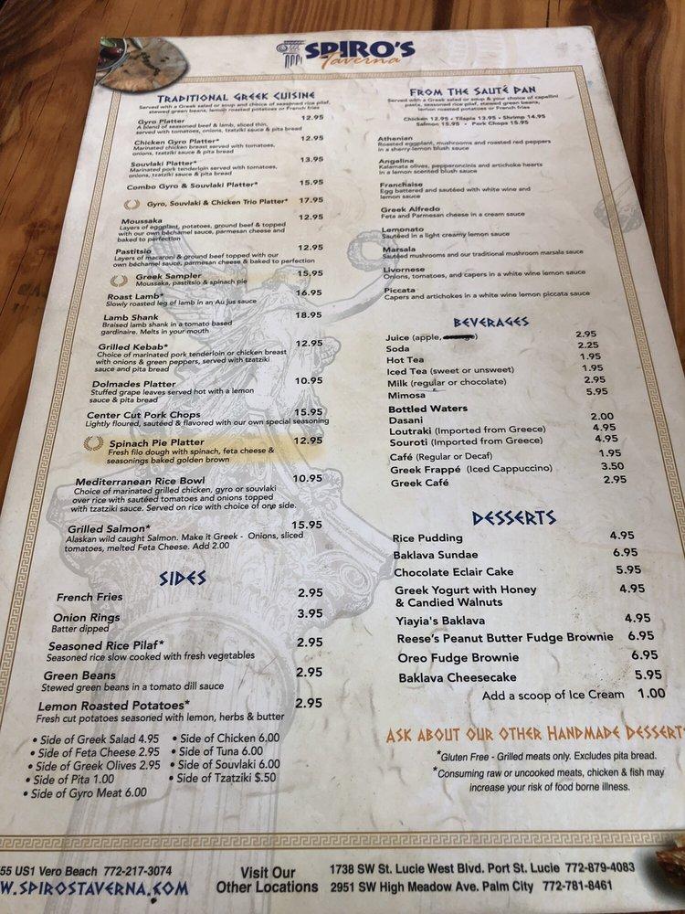 Menu at Spiro’s Taverna of Vero Beach restaurant, Vero Beach