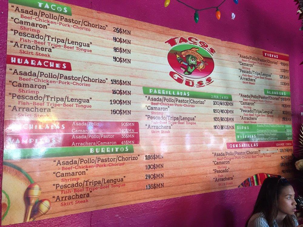 Menu at Guss Tacos restaurant, Cabo San Lucas, Blvd Lazaro Cardenas ...