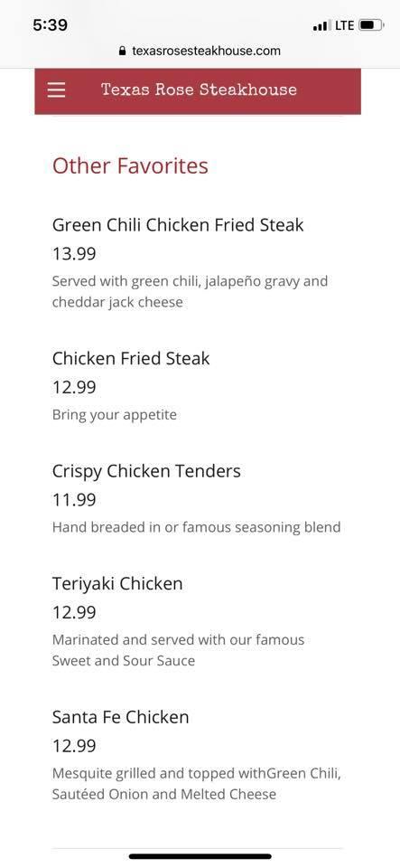 Menu at Texas Rose Steakhouse, Borger, Megert Center