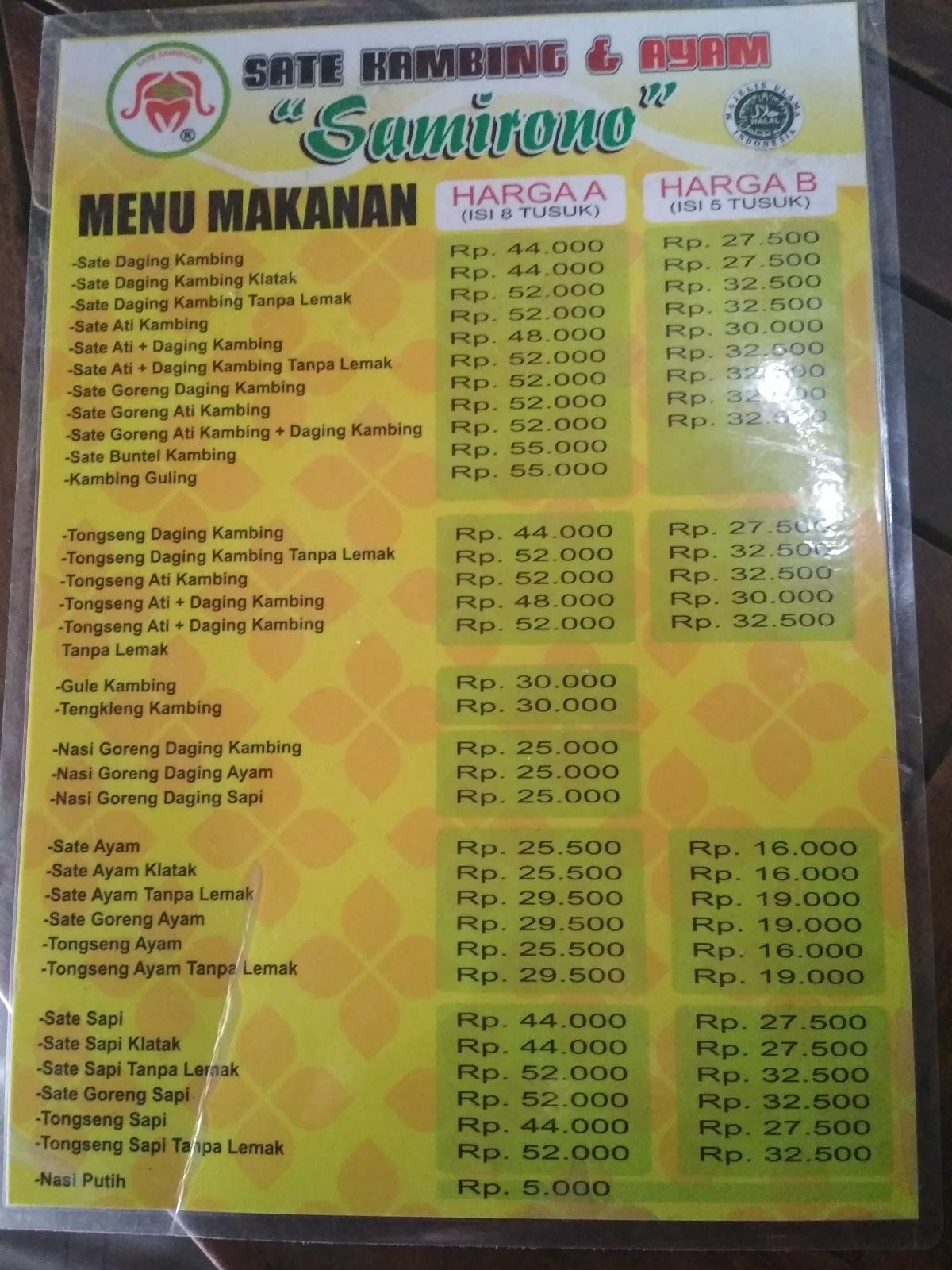Menu at Warung Makan Sate Samirono Kolombo restaurant, Sendangadi