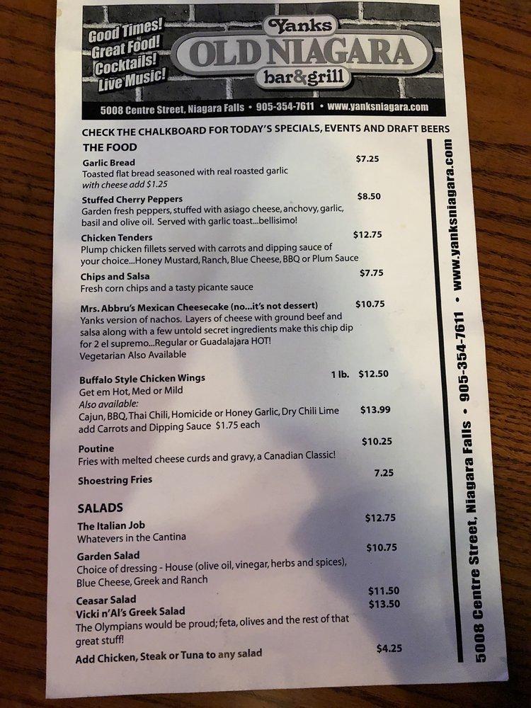 Menu at Yank's Old Niagara Bar & Grill, Niagara Falls