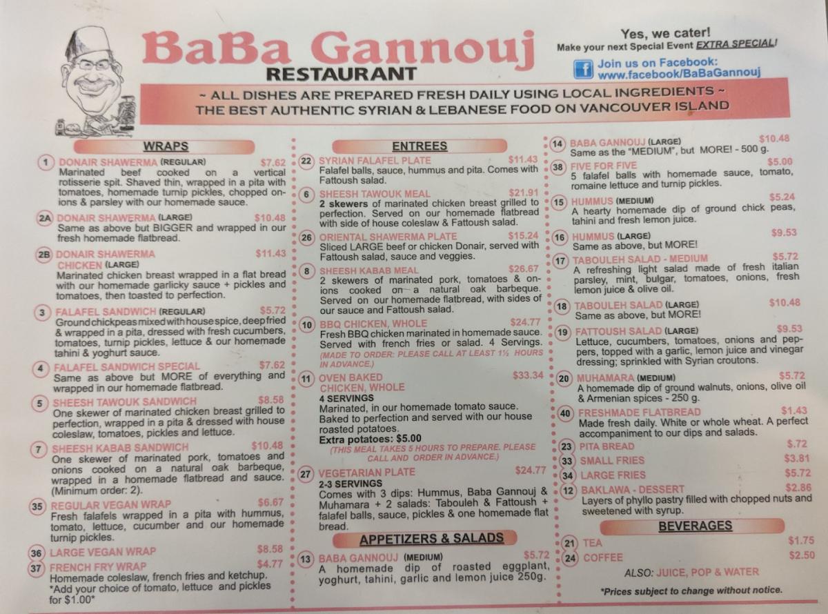Menu at BaBa Gannouj Restaurant, Campbell River