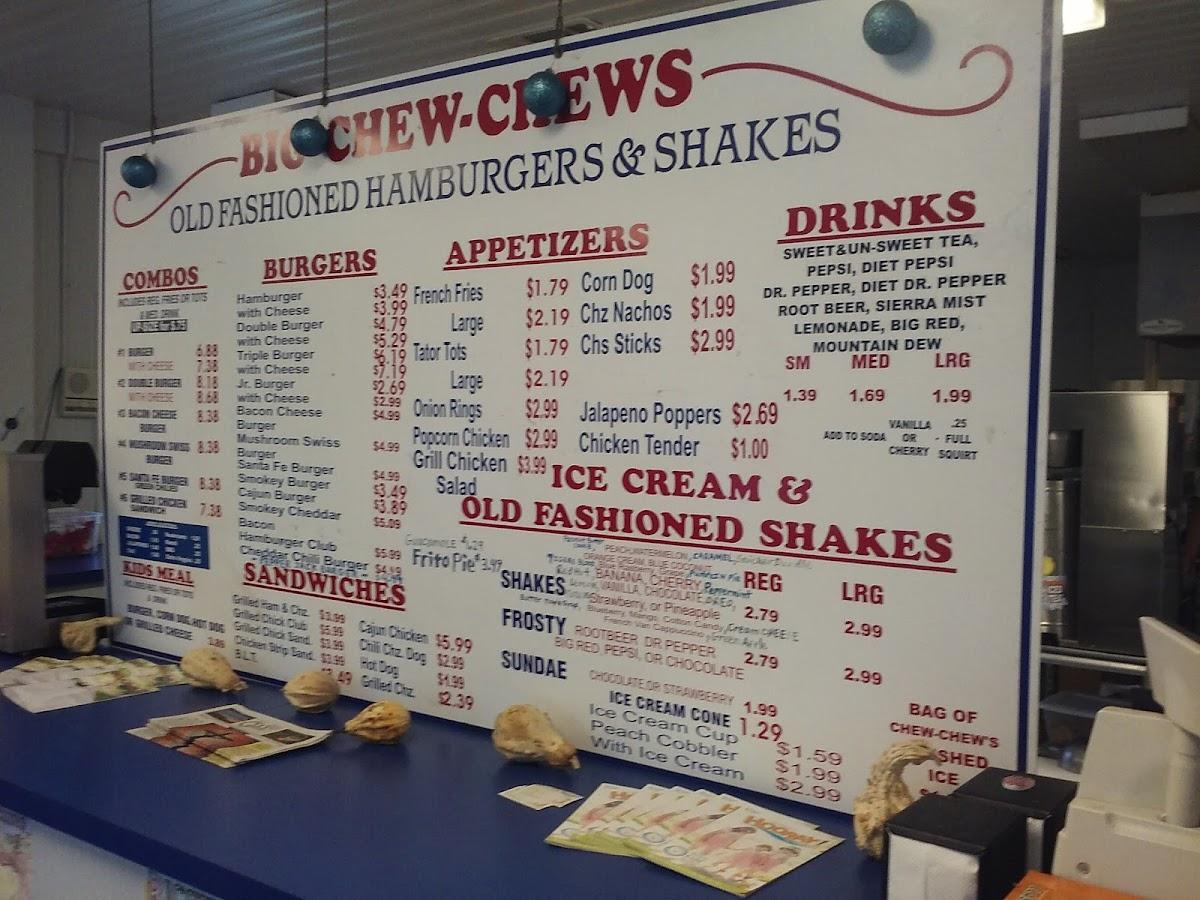 Menu at Big Chew Chew's Burgers restaurant, Temple