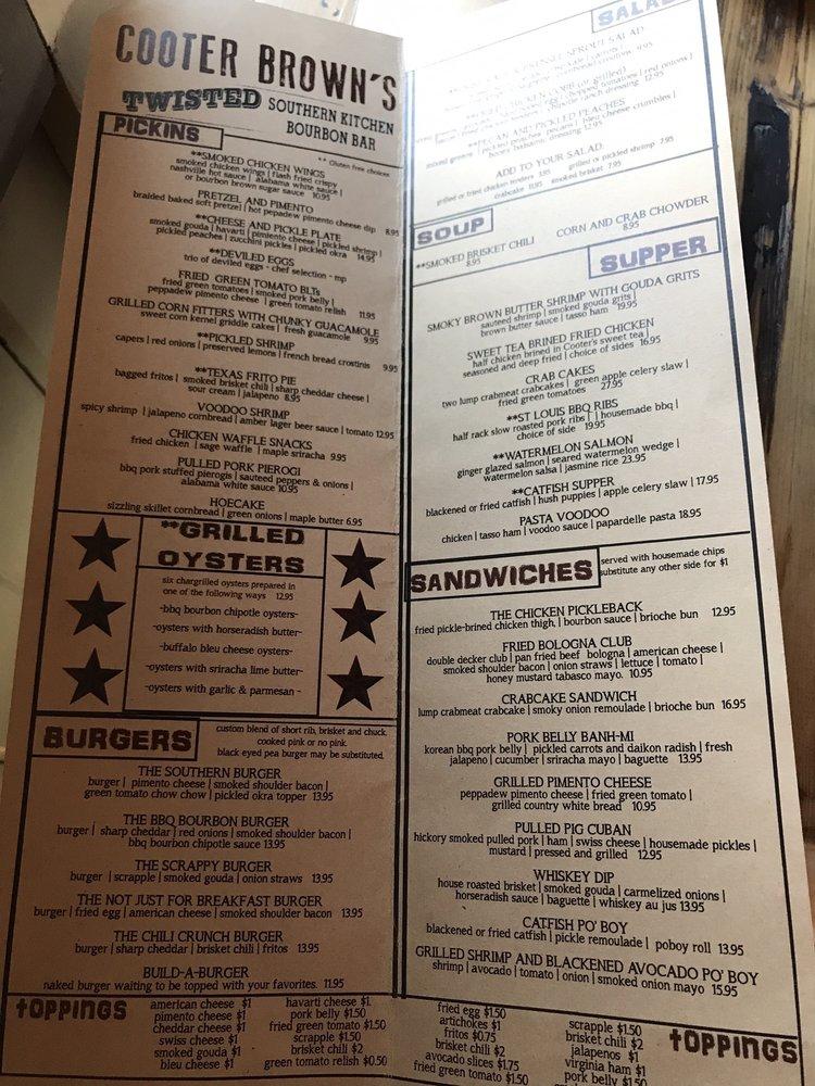 Menu at Cooter Brown's Twisted Southern Kitchen and Bourbon Bar ...