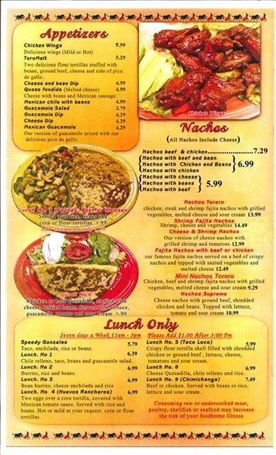 Menu at El Torero Mexican Grill restaurant, Cape Girardeau, William St