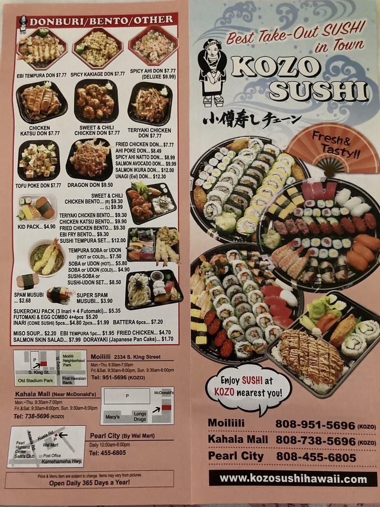 Menu at Kozo Sushi restaurant, Honolulu, S King St