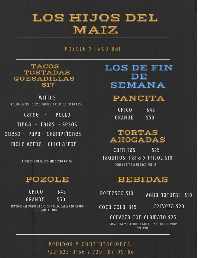 Menu at Los Hijos del Maiz restaurant, Toluca