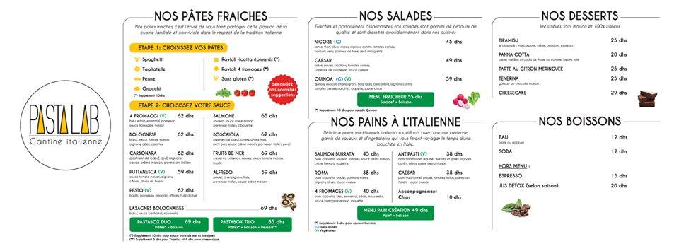 Menu at Pastalab restaurant, Casablanca